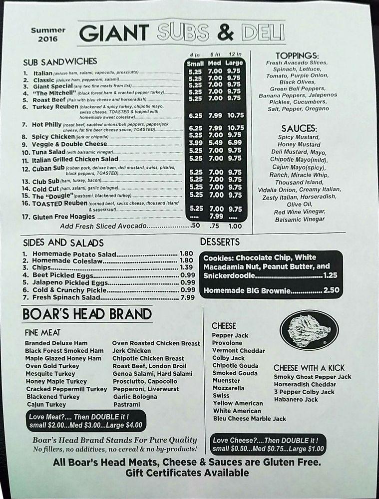 Menu at Giant Subs restaurant, Owasso