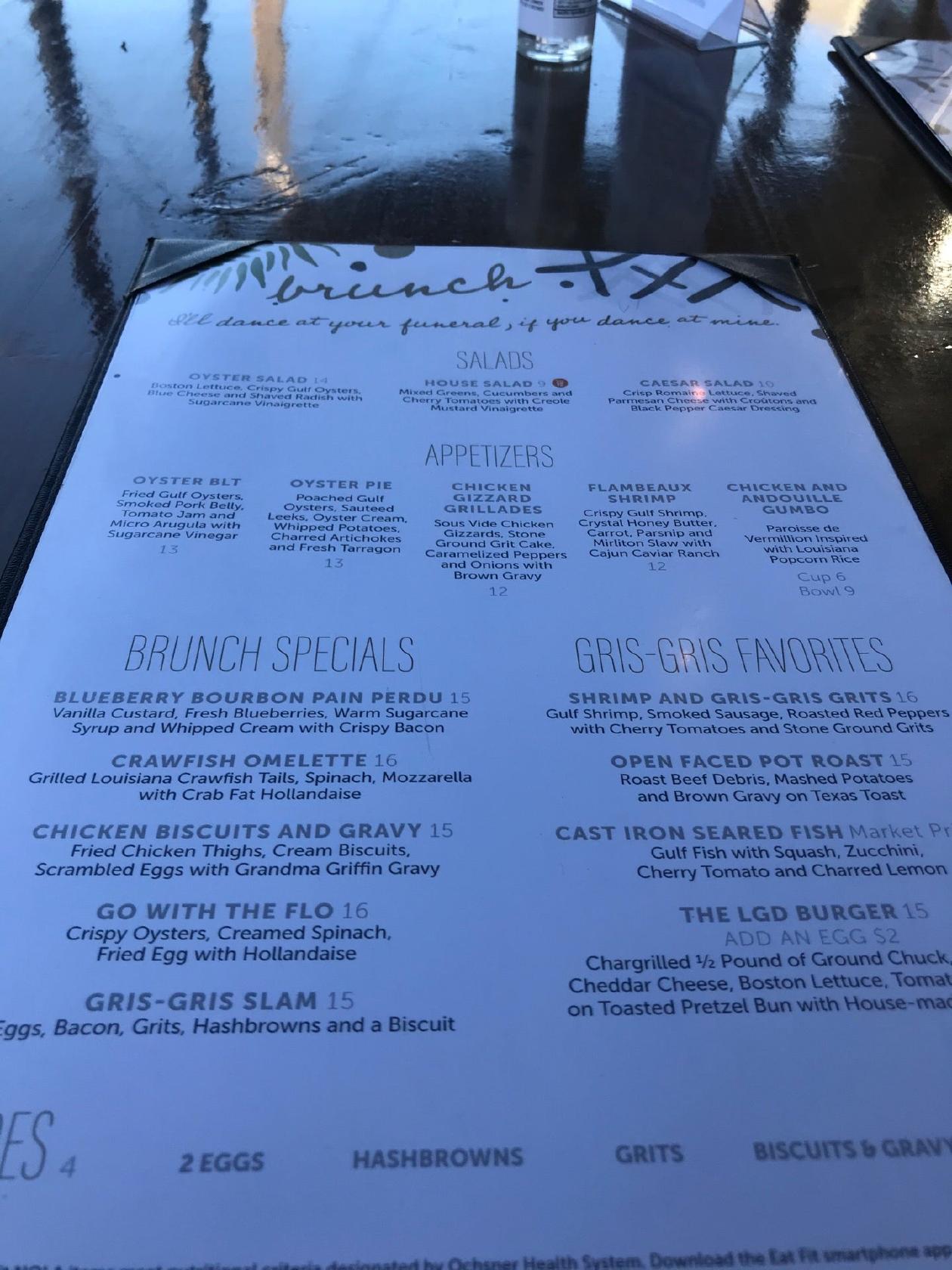 Menu at Gris-Gris restaurant, New Orleans