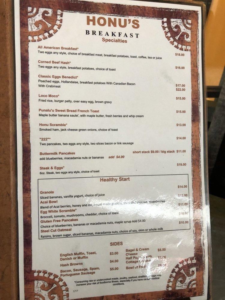 Menu at Honu's on the Beach restaurant, Kailua-Kona
