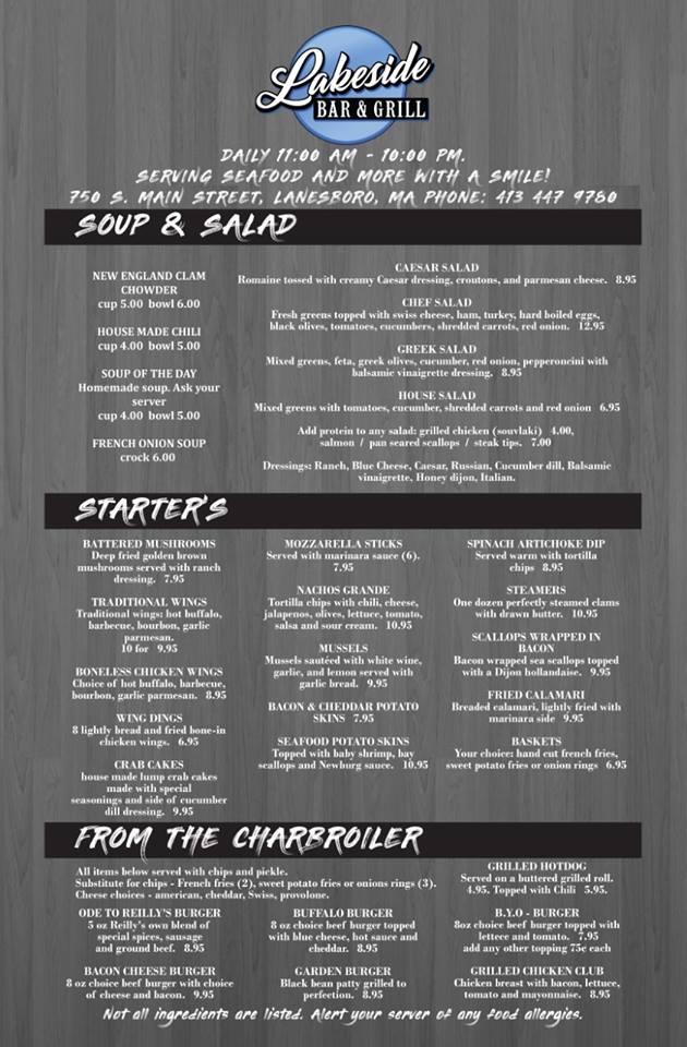 Menu at Lakeside Bar & Grill, Lanesborough, 750 S Main St