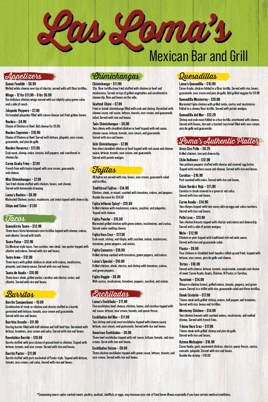 Menu at Las Lomas Mexican Grill restaurant, Vinton