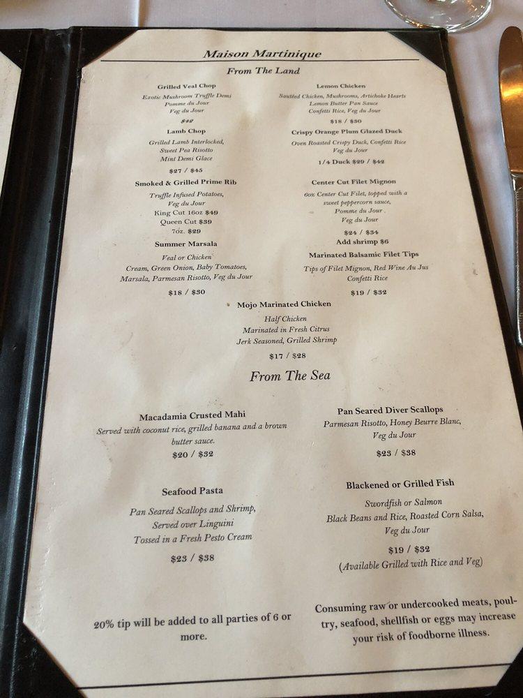 Menu at Maison Martinique Fine Dining restaurant, Vero Beach