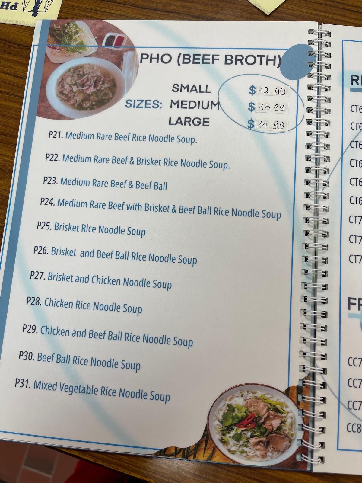 Menu at Pho Nhung Sarnia restaurant, Sarnia