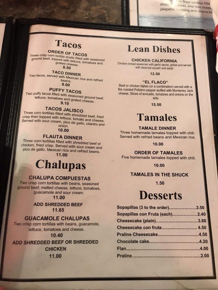 Menu at Pulido's restaurant, Hurst