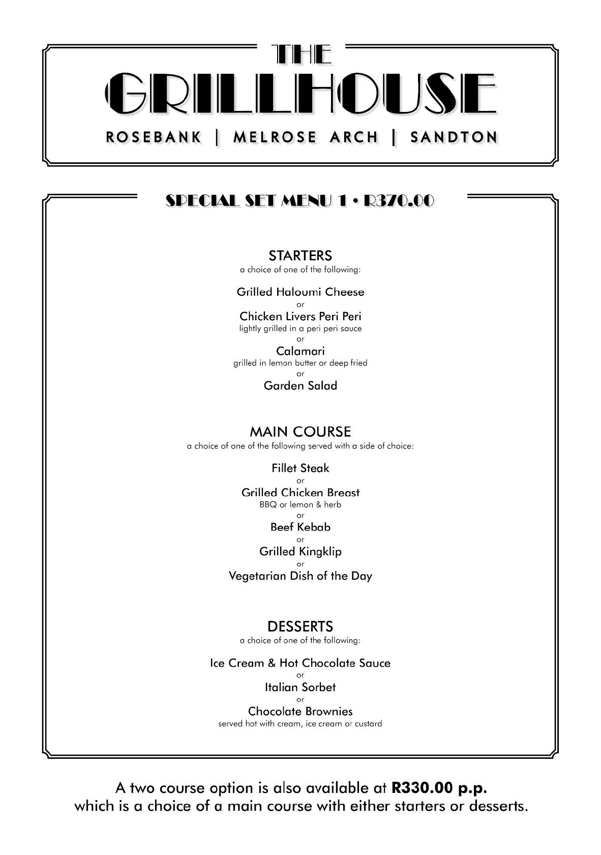 Menu at The Grillhouse Melrose Arch steakhouse, Johannesburg, Melrose Arch
