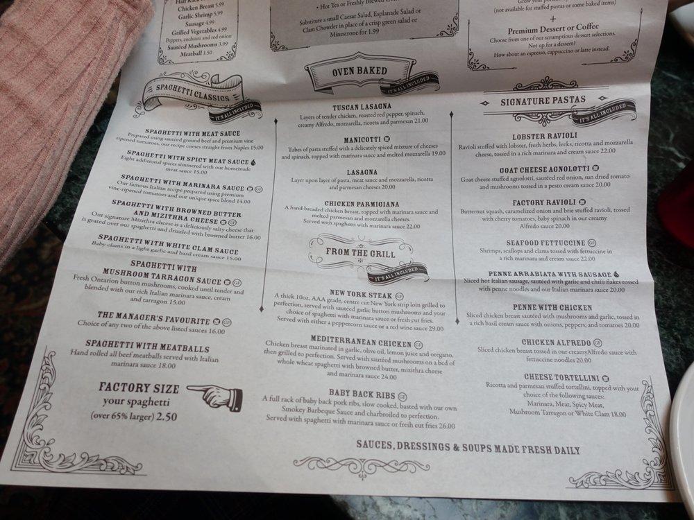 Menu at The Old Spaghetti Factory restaurant, Toronto, 54 The Esplanade