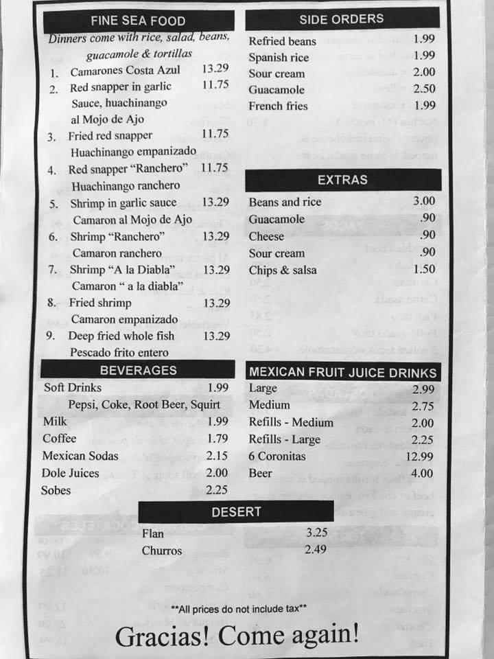 Menu at Villa Del Mar restaurant, Ukiah, 111 S State St