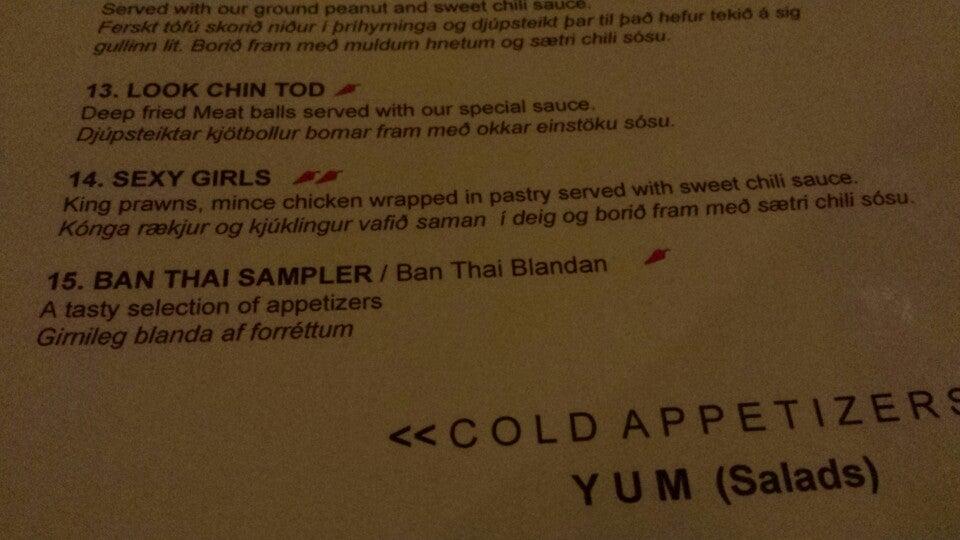 Menu at Ban Thai Restaurant, Reykjavík