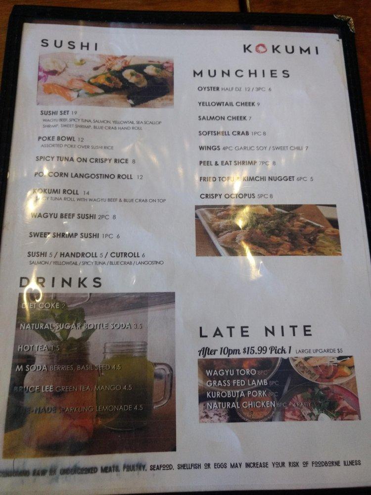 Menu at Kokumi restaurant, Arcadia
