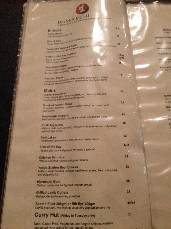 Menu at Matso's Broome Brewery restaurant, Broome, 60 Hamersley St