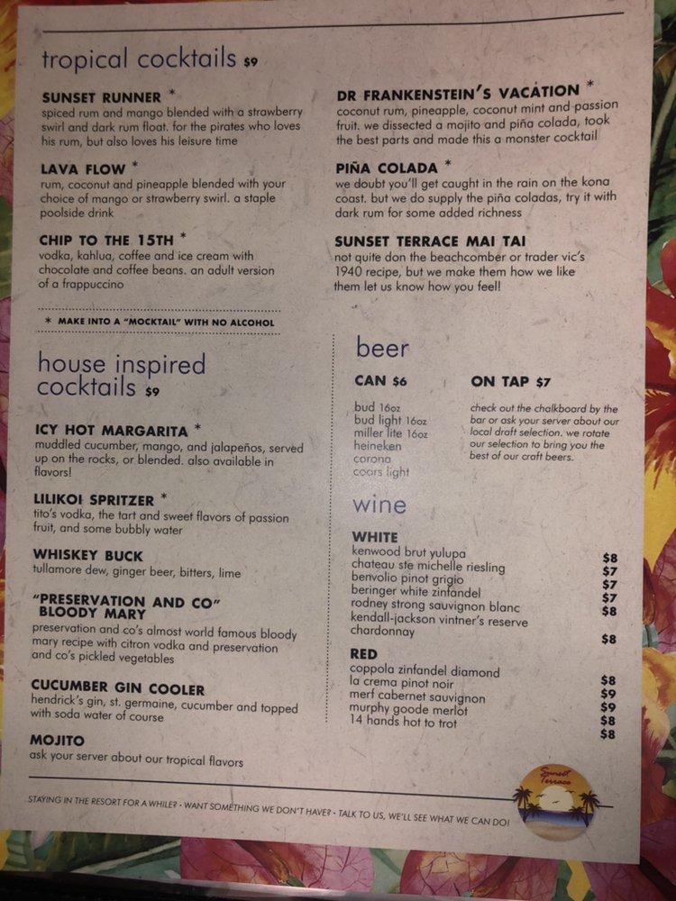 Menu at Sunset Terrace pub & bar, Kahaluu-Keauhou