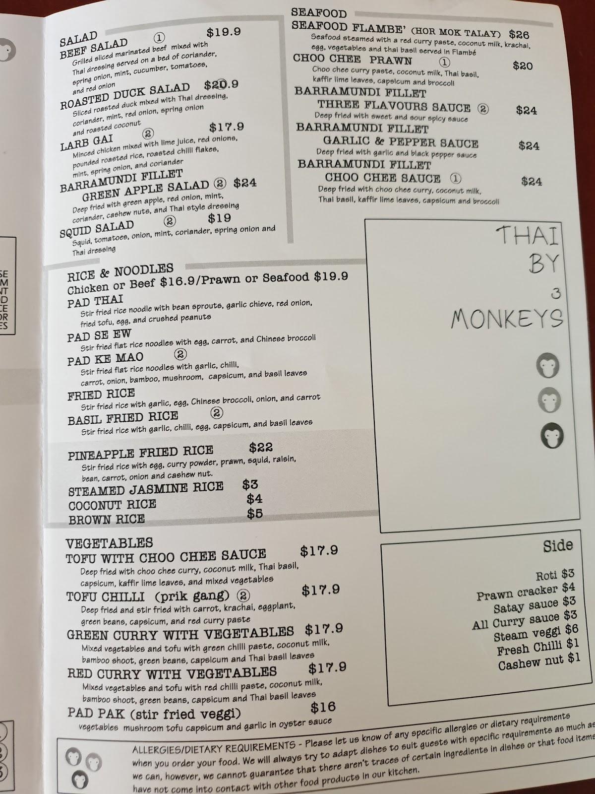 Menu at Thai by 3 Monkeys restaurant, North Adelaide
