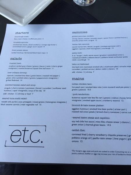 Menu at etc. restaurant, Nashville