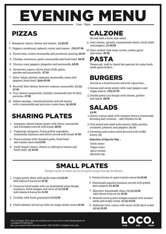 Menu at Bar Loco, Newcastle upon Tyne, 22 Leazes Park Rd