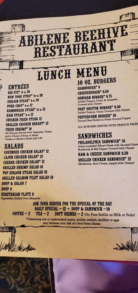 Menu at Beehive Restaurant, Abilene