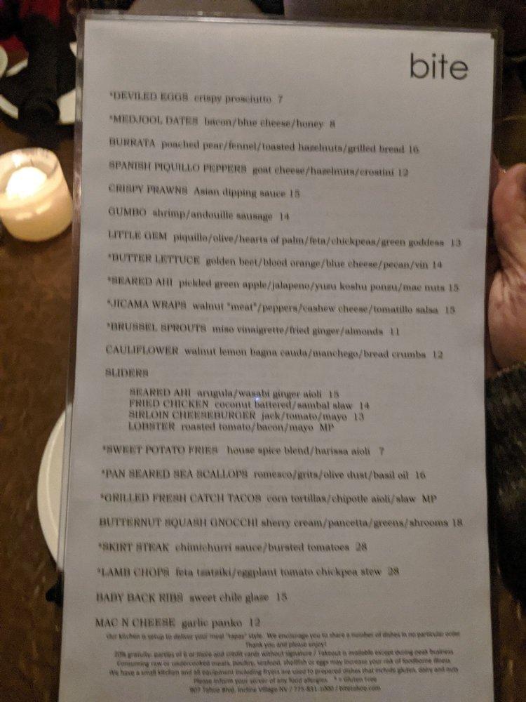 Menu at Bite Restaurant, Incline Village