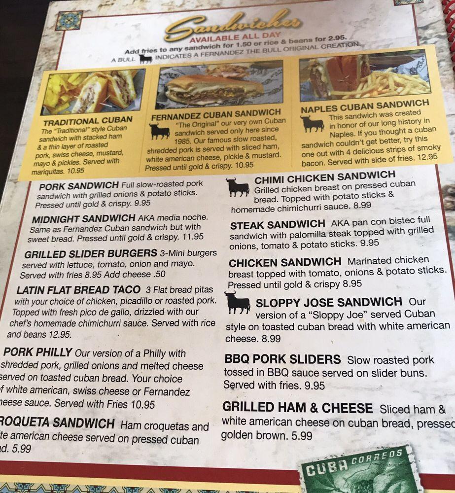 Menu at Fernandez the Bull Cuban Cafe & Bar - Midtown, Naples, Pine ...