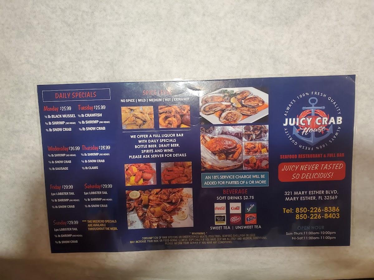 Menu at J.C. Seafood House pub & bar, Mary Esther