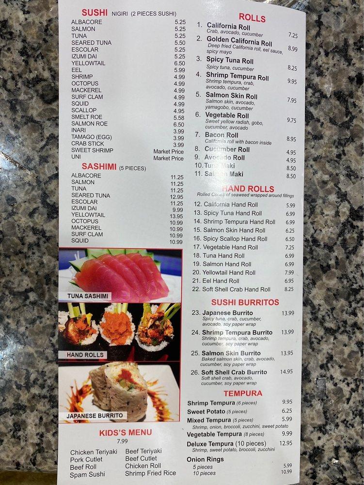 Menu at Sugoi Sushi restaurant, Beaumont