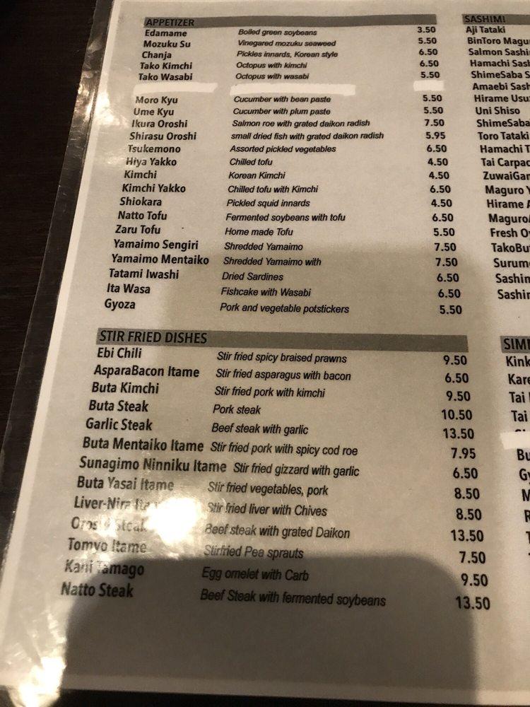 Menu at TANTO Japanese Restaurant, Sunnyvale