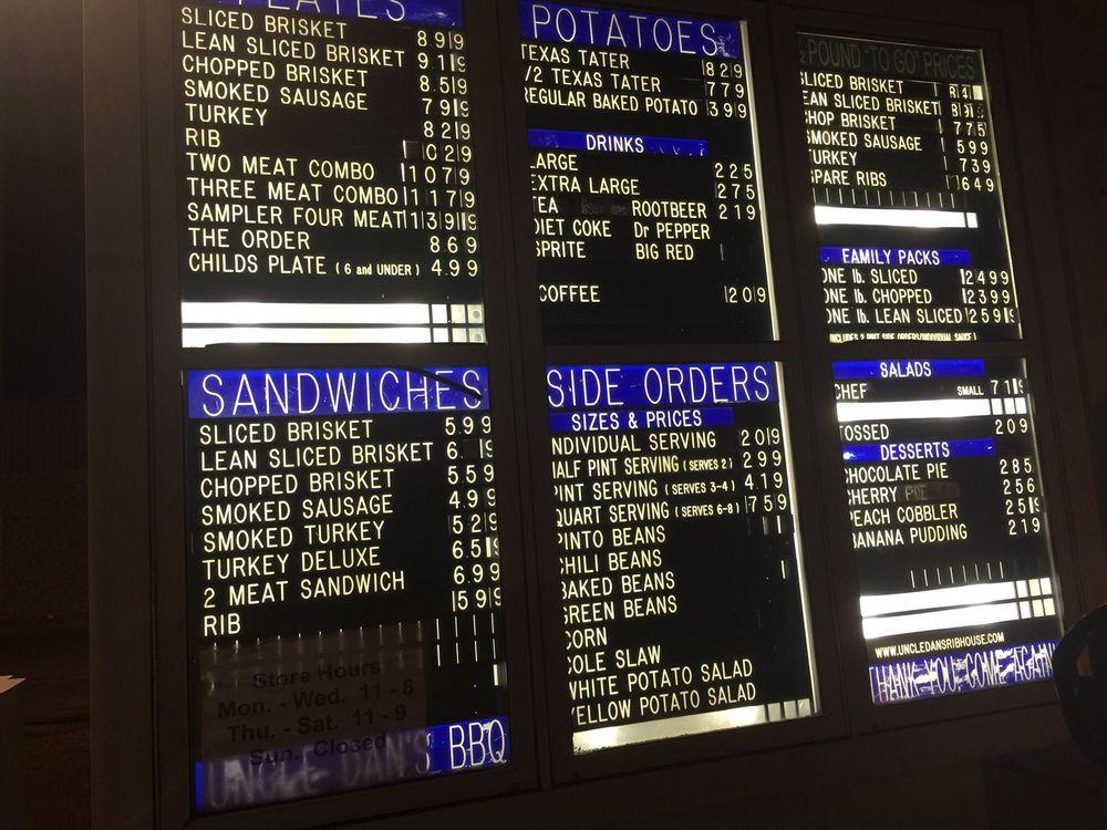 Menu at Uncle Dan's Bar-B-Que, Hewitt