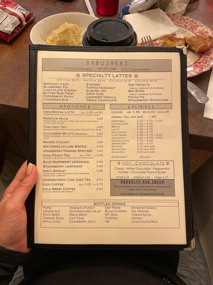 Menu at Babushkas restaurant, Quakertown