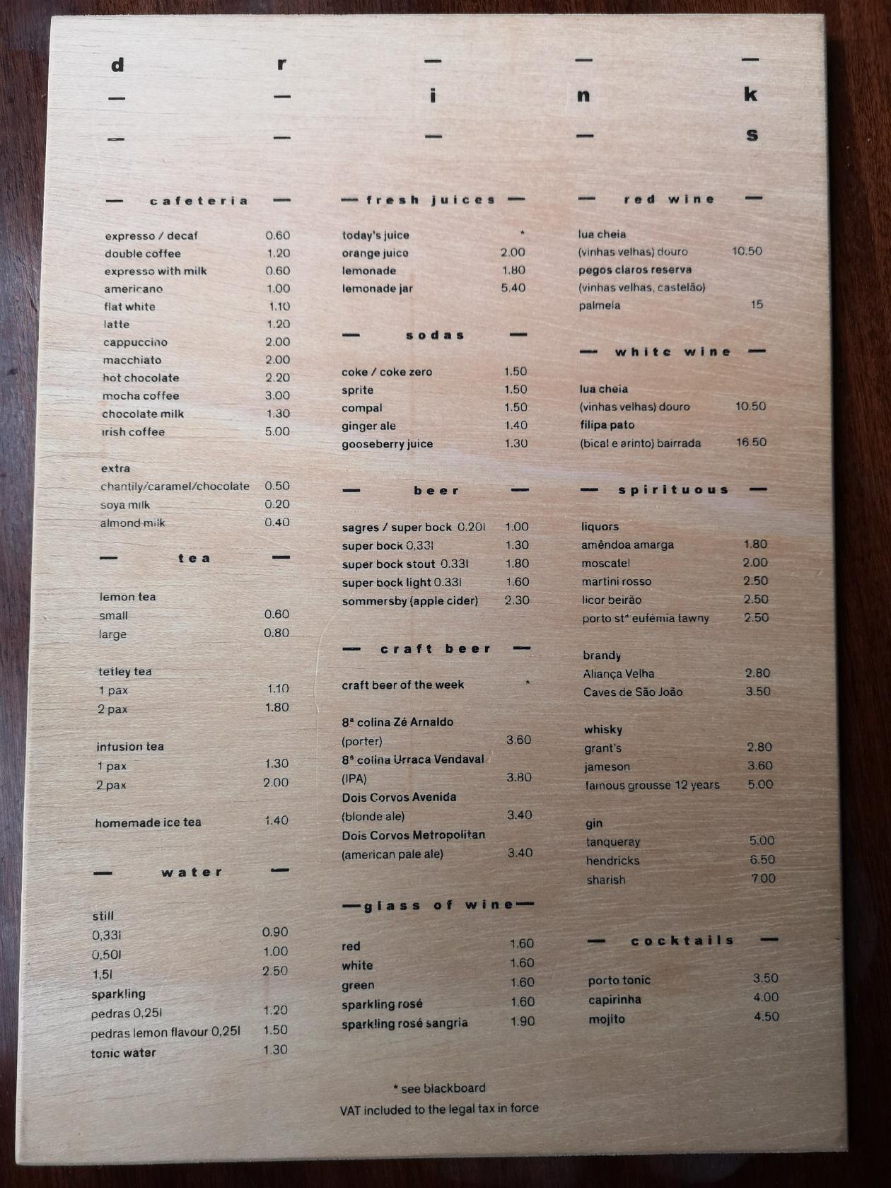 Menu at Brick Cafe Lisboa, Lisbon