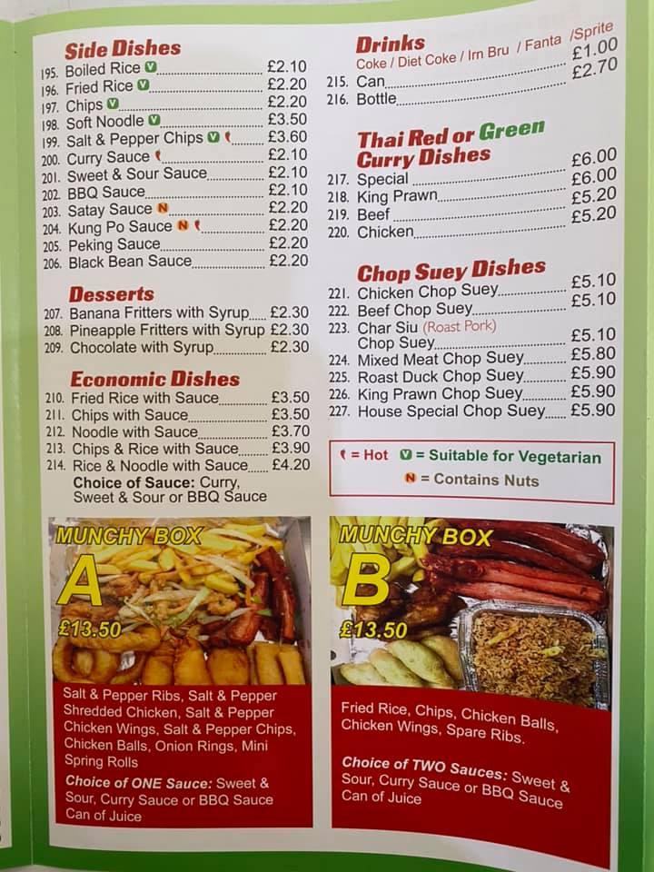 Menu at Green Jade fast food, Broxburn