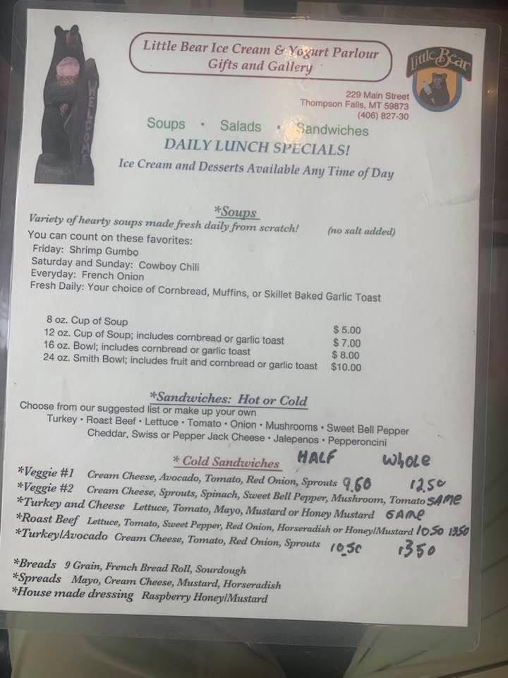 Menu at Little Bear restaurant, Thompson Falls