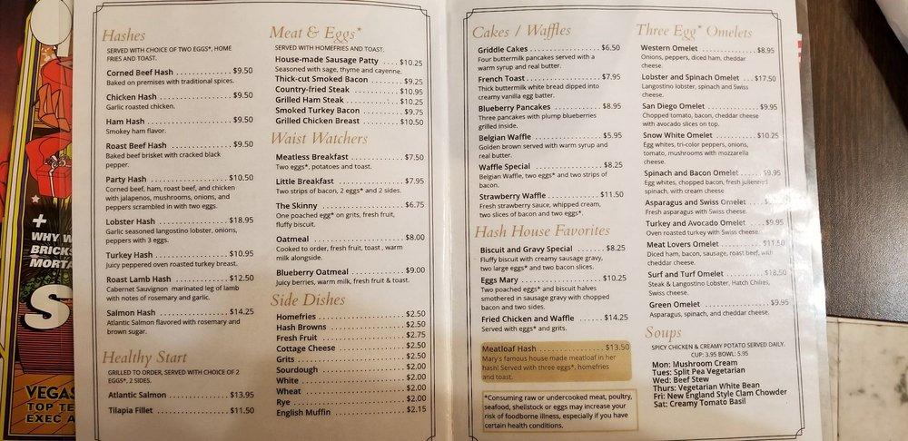 Menu at Mary's Hash House restaurant, Las Vegas, S Decatur Blvd