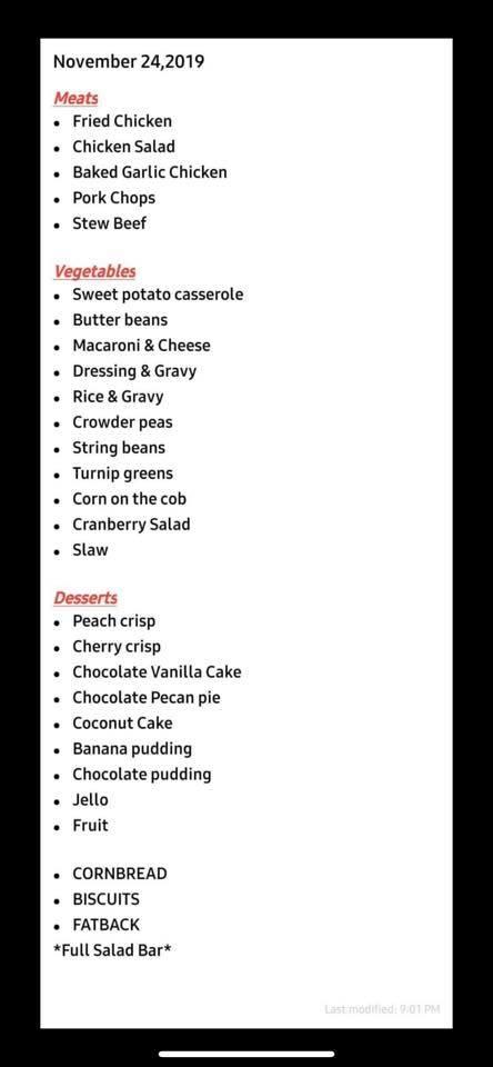 Menu at The Country Kitchen Buffet restaurant, Cheraw