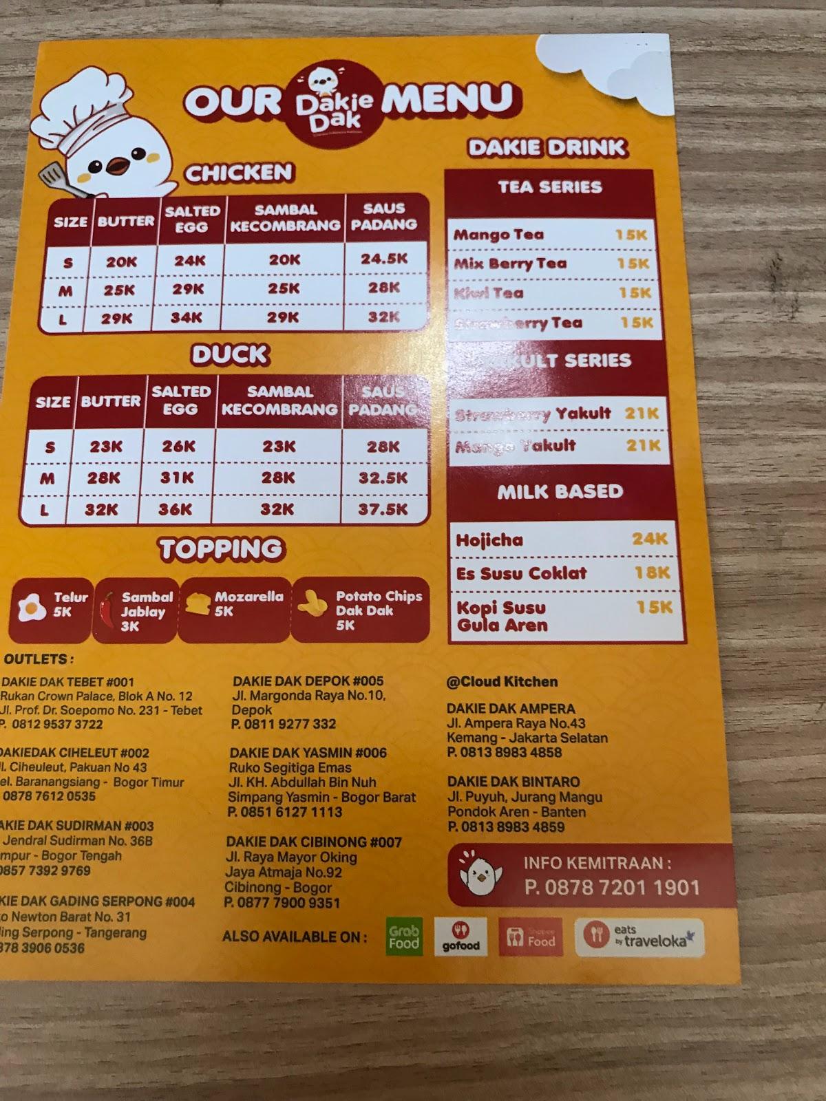 Carta del restaurante Dakie Dak Sudirman, Bogor