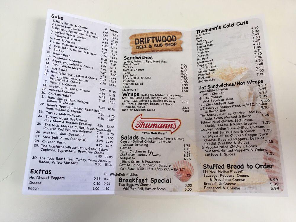 Menu at Driftwood Deli & Sub Shop restaurant, Toms River