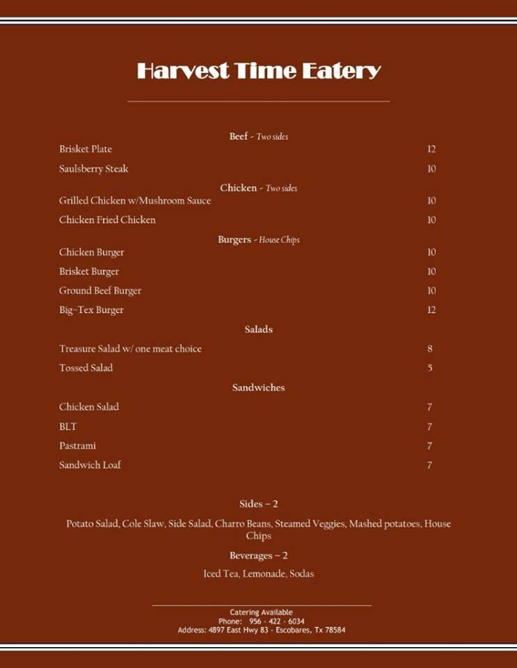 Menu at Harvest Time Eatery restaurant, Rio Grande City