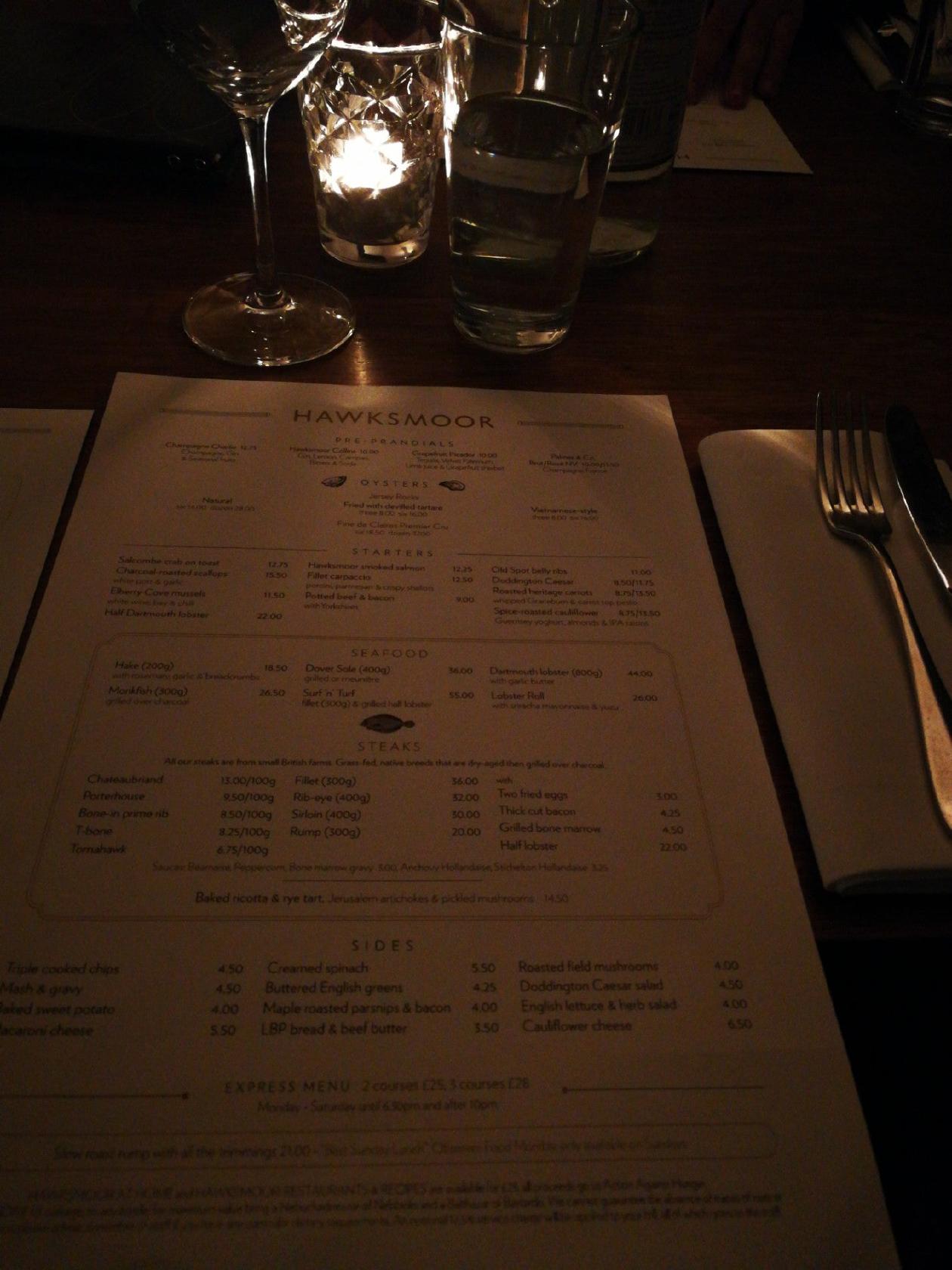 Menu at Hawksmoor Knightsbridge steakhouse, London