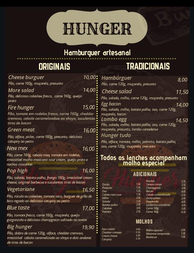 Menu at Hunger restaurant, Lavras