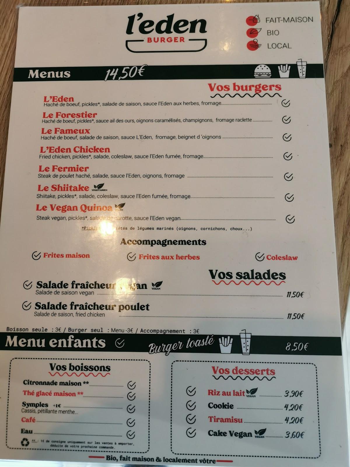 Menu at L'Eden Burger restaurant, Amiens, 4 Rue de Beauvais