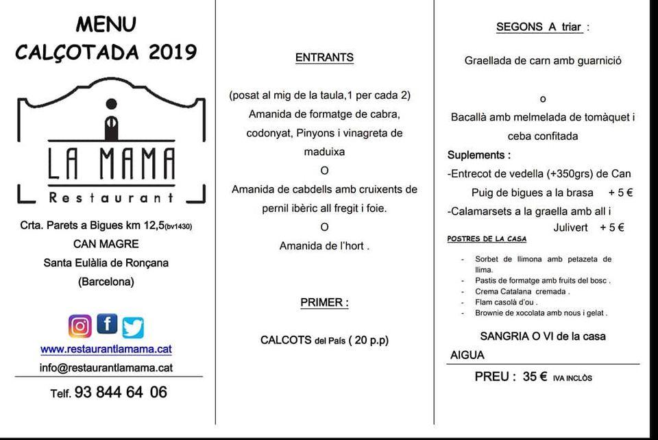 Carta de RESTAURANTE LA MAMA, Santa Eulalia de Ronsaná, crta. Parets a ...