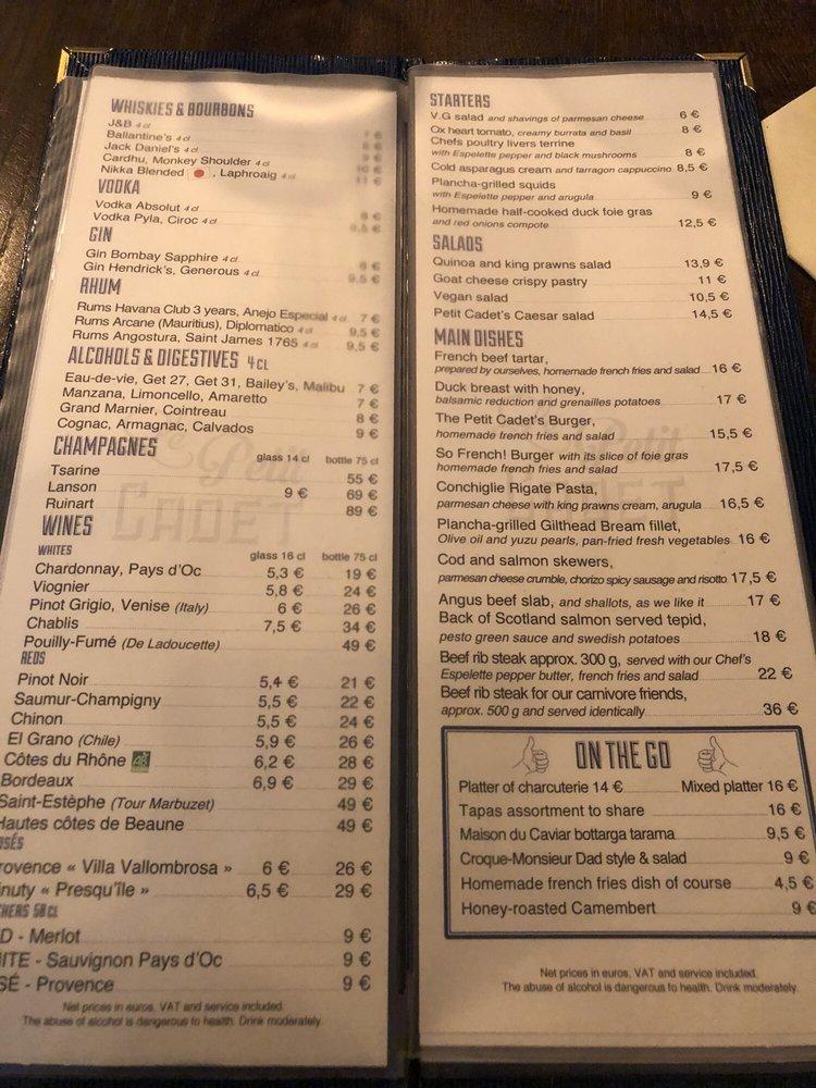 Menu at Le Petit Cadet restaurant, Paris