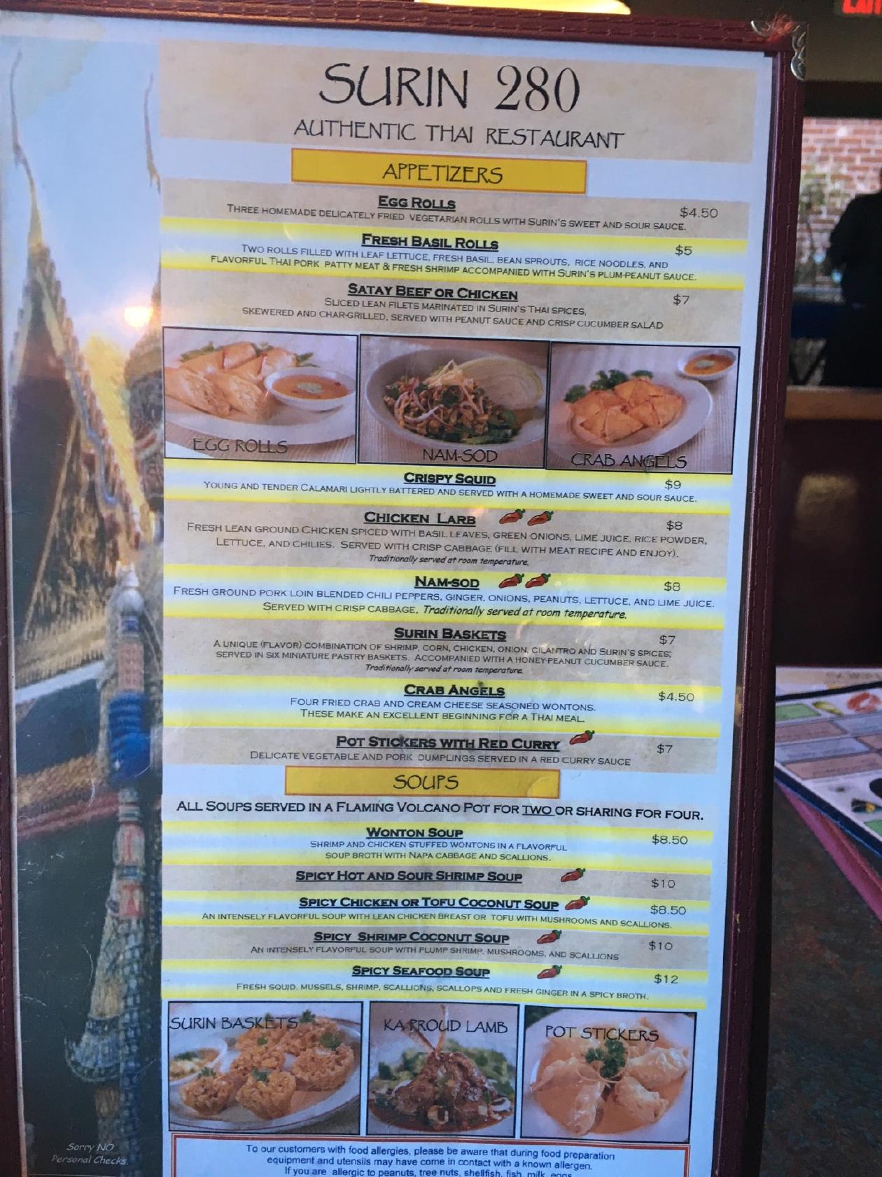 Menu at Surin 280 restaurant, Birmingham, 16 Perimeter Park S