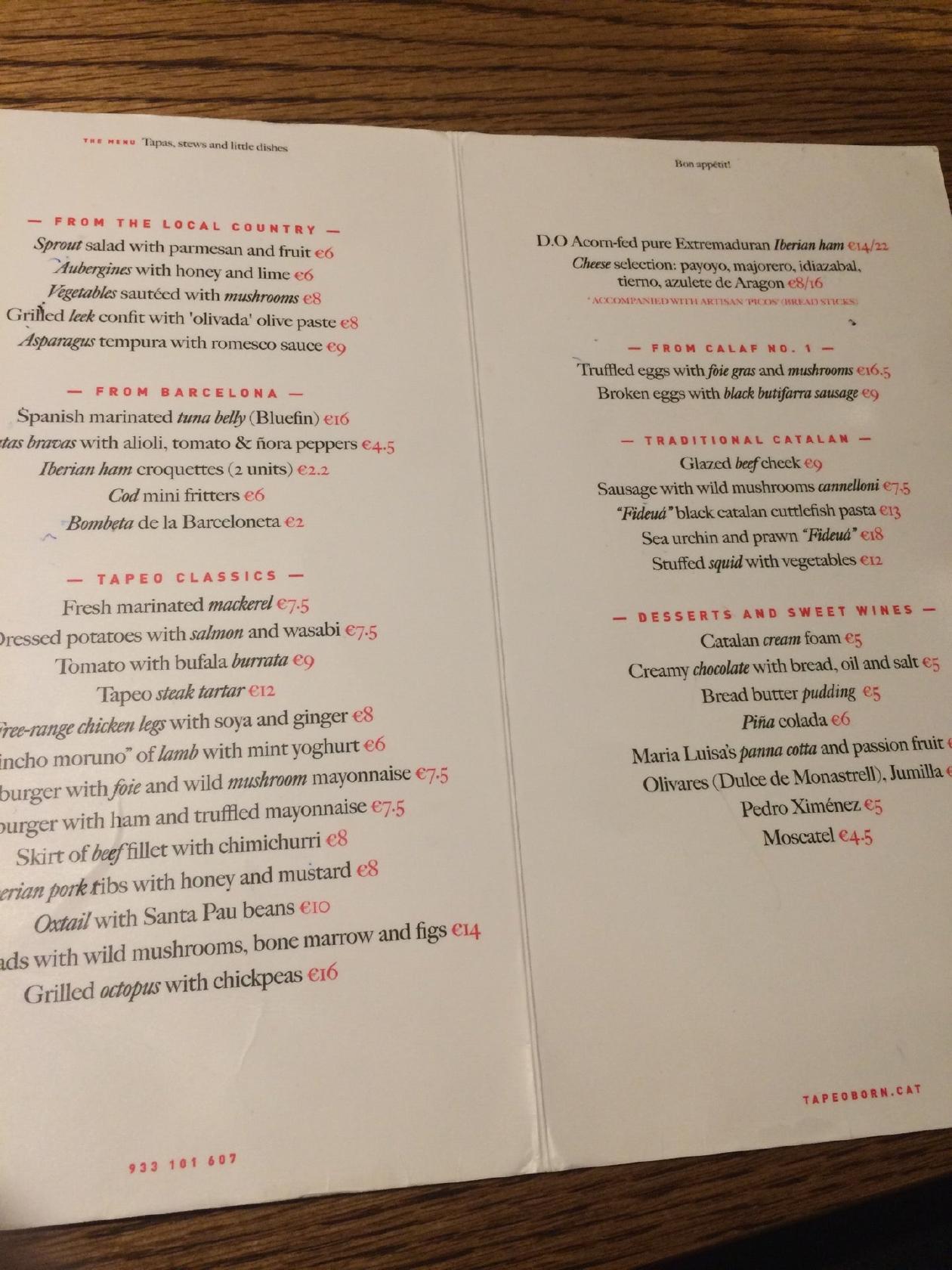 Menu at Tapeo pub & bar, Barcelona