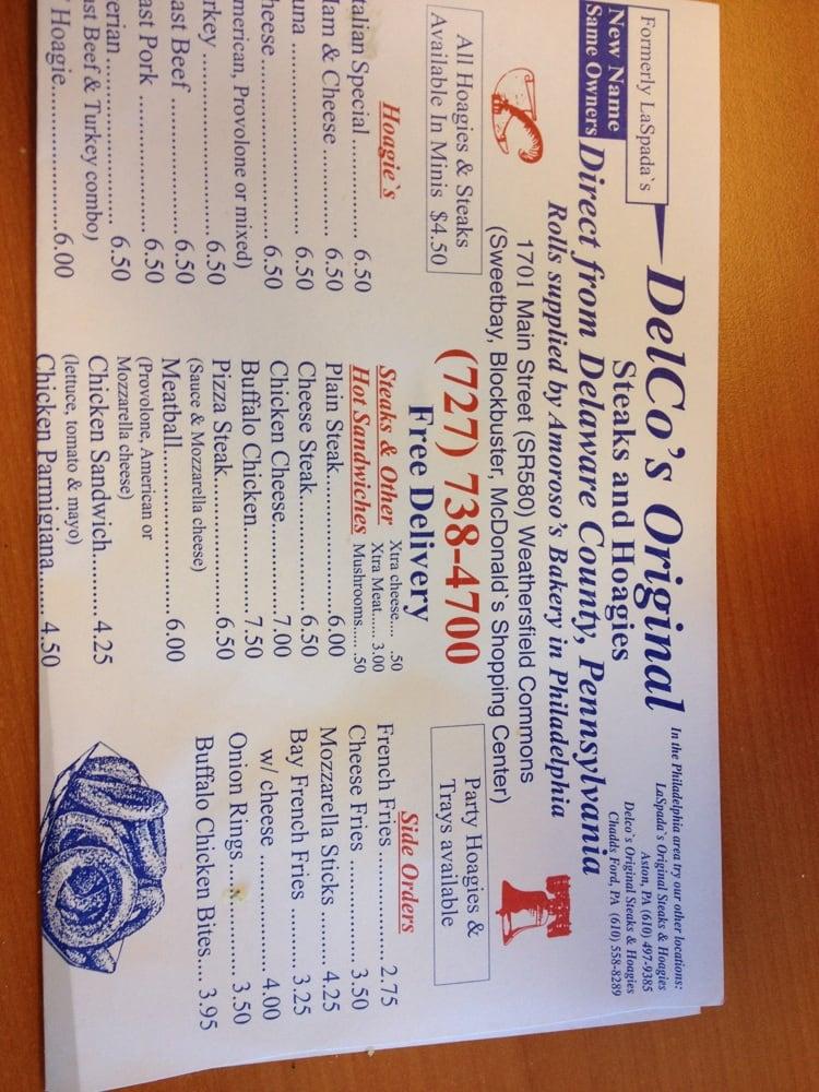 Menu at Delco's Original Steaks steakhouse, Dunedin