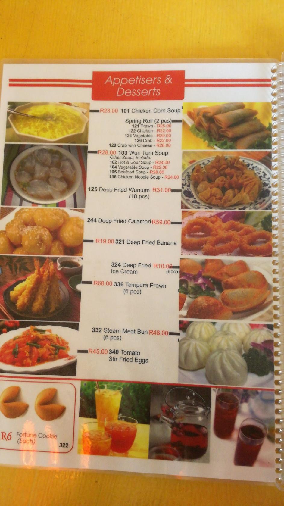 Menu at Huamin restaurant, Potchefstroom