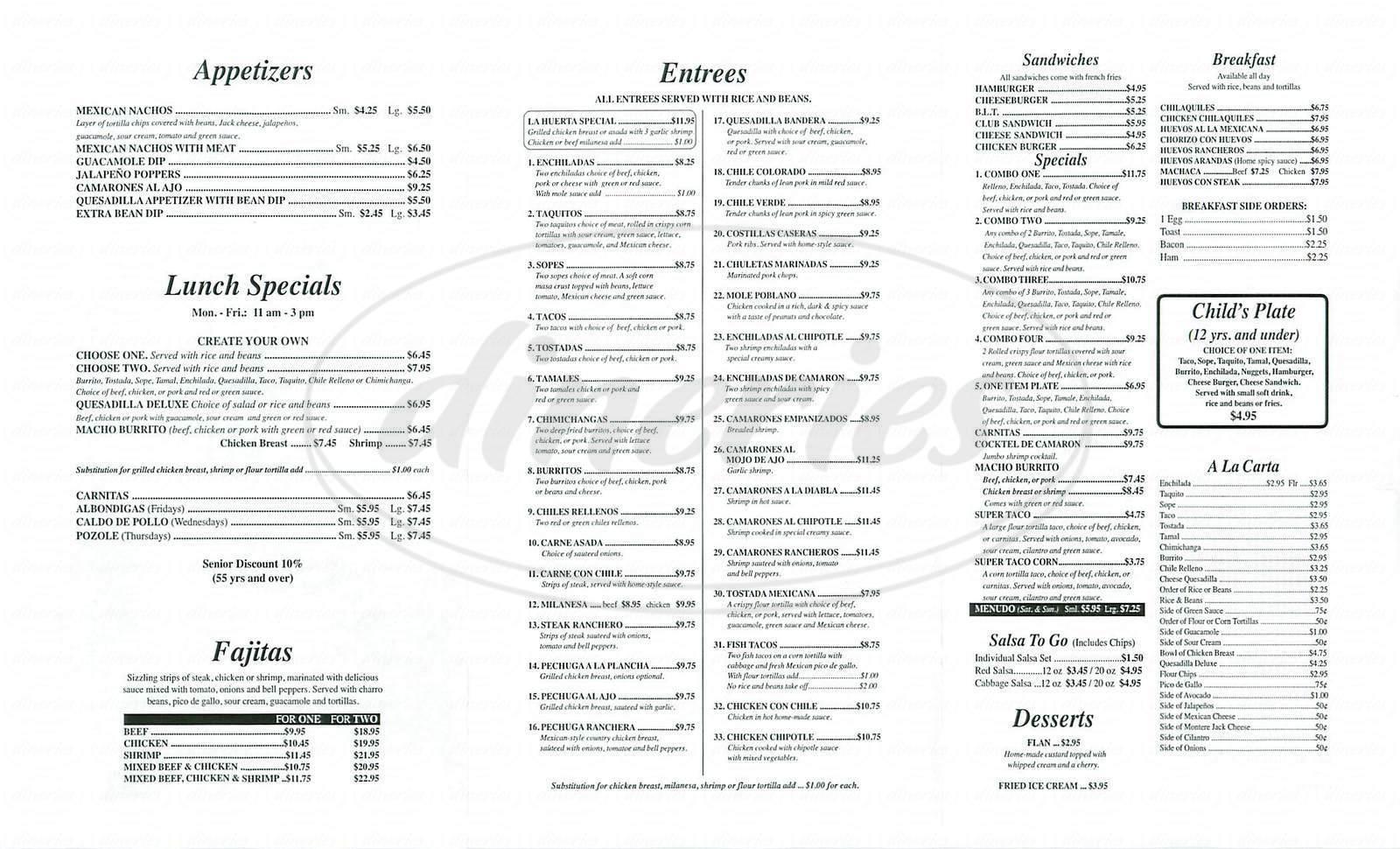 Menu at La Huerta Vieja restaurant, Modesto