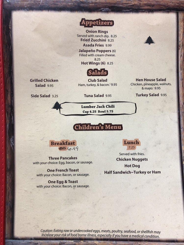 Menu at Lumberjack Cafe, Big Bear