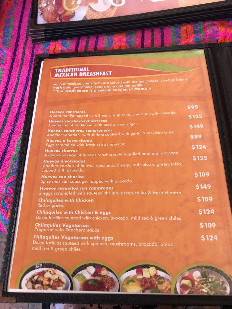 Menu at Mama’s Royal Cafe, Cabo San Lucas