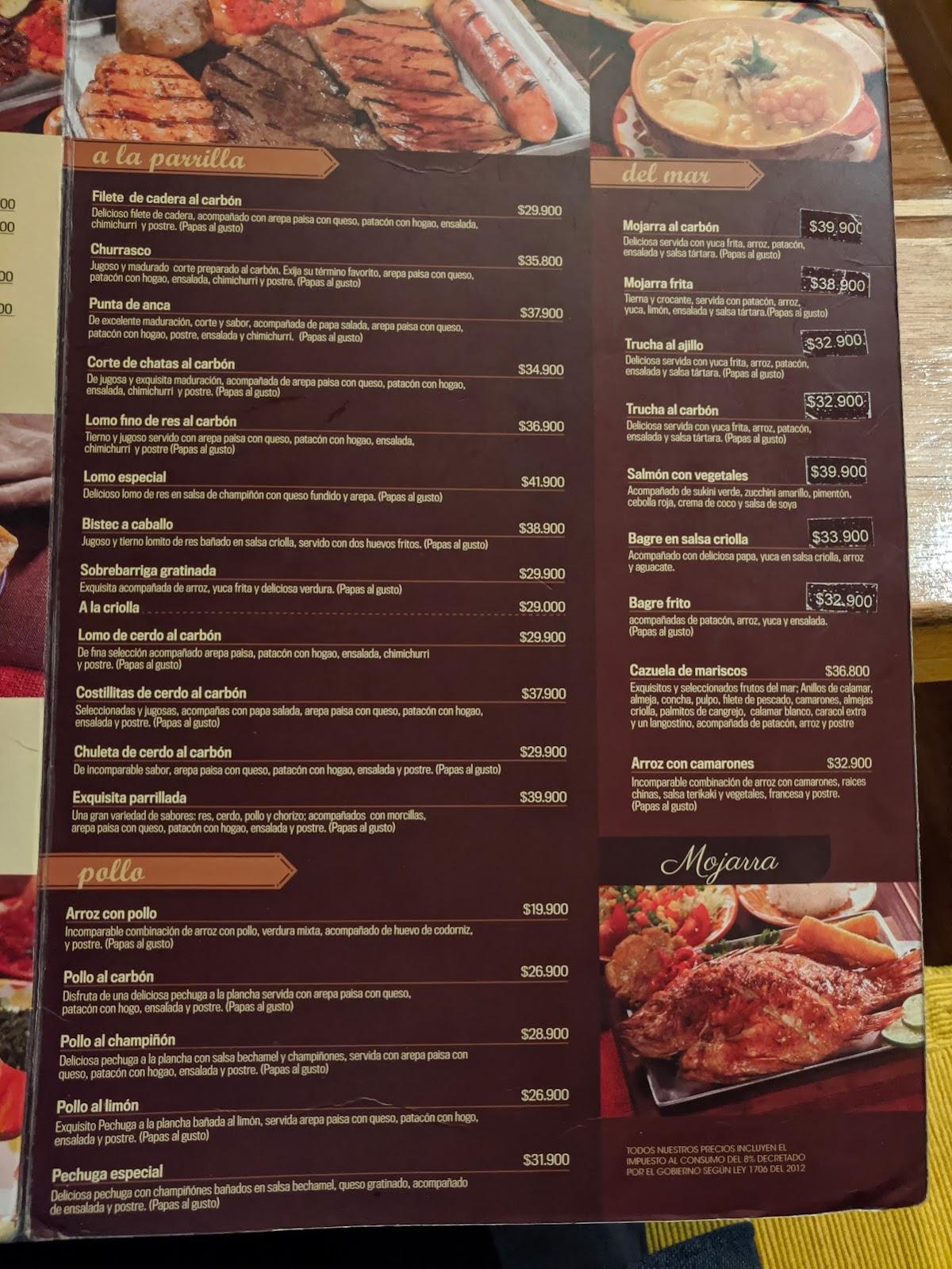 Carta de Mondongos & Parrilla, Bogotá