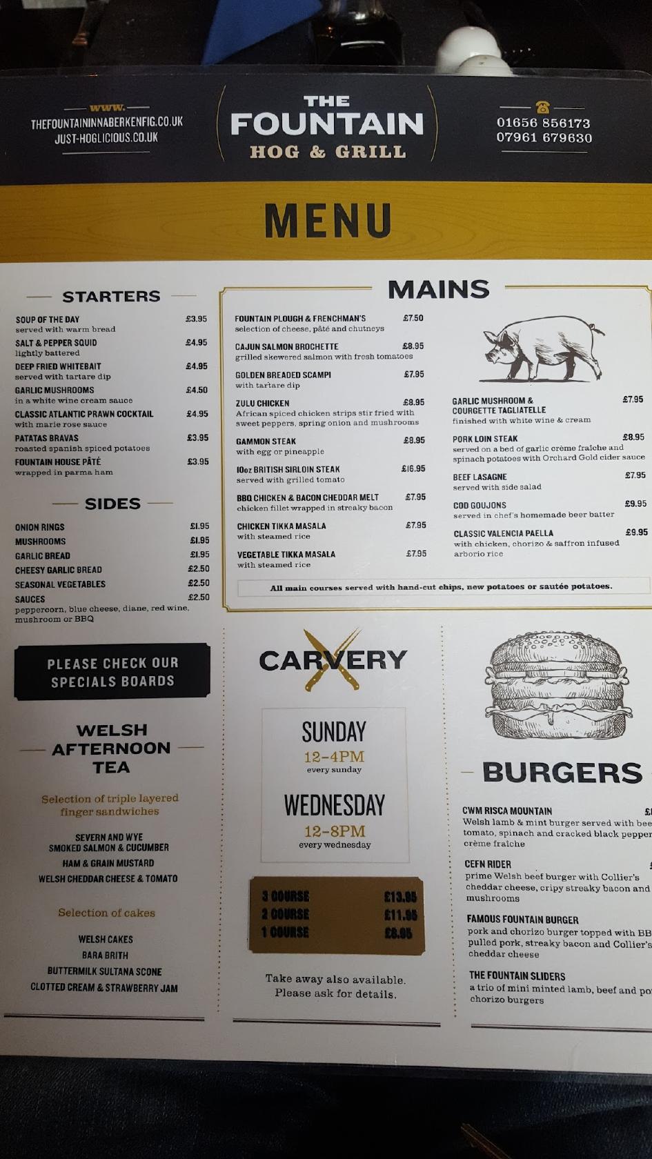 Menu at The Fountain restaurant, Bridgend