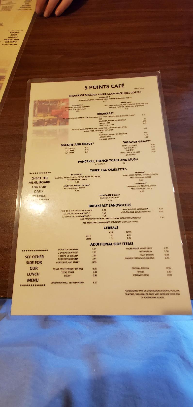 Carta de 5 Points Cafe, Xenia