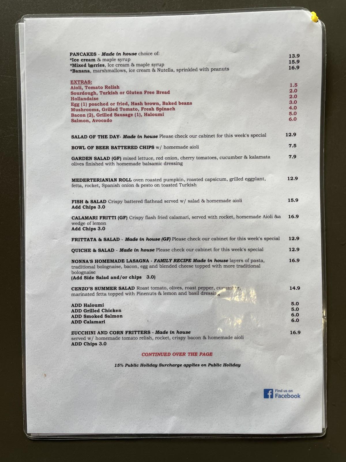 Menu at Cenzo's Cafe And Pizzeria., Maroochydore
